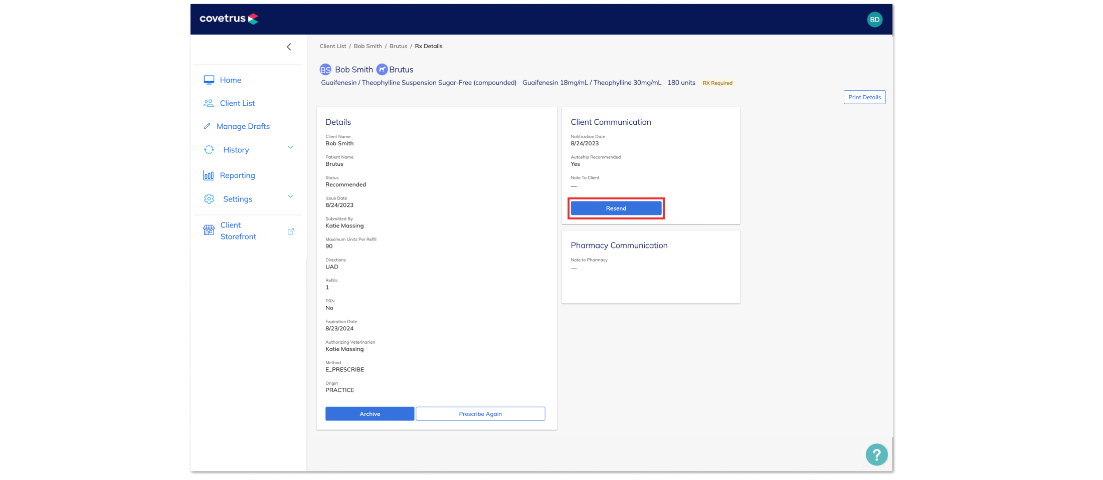 Resending a Prescription Notification Email to a Client – Covetrus
