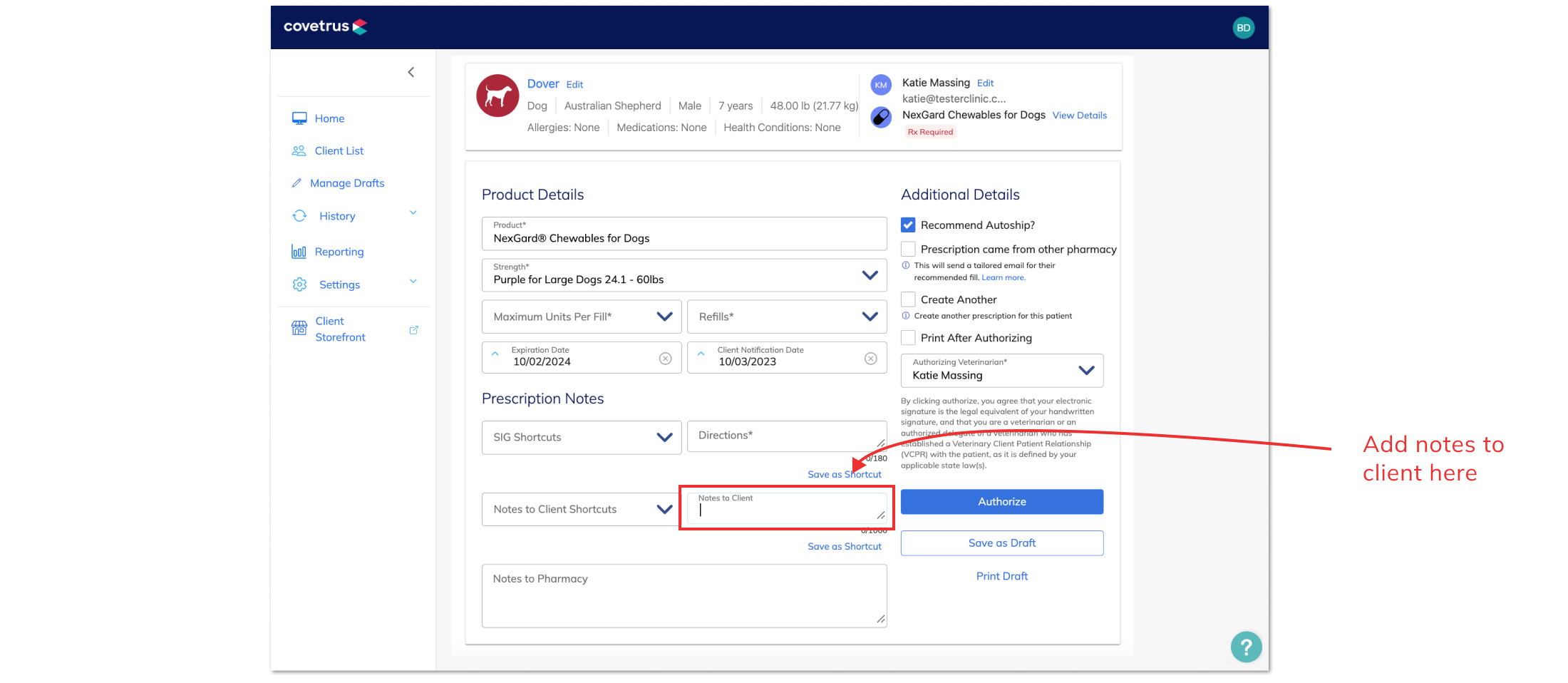 Using the Notes to Client Shortcut – Covetrus