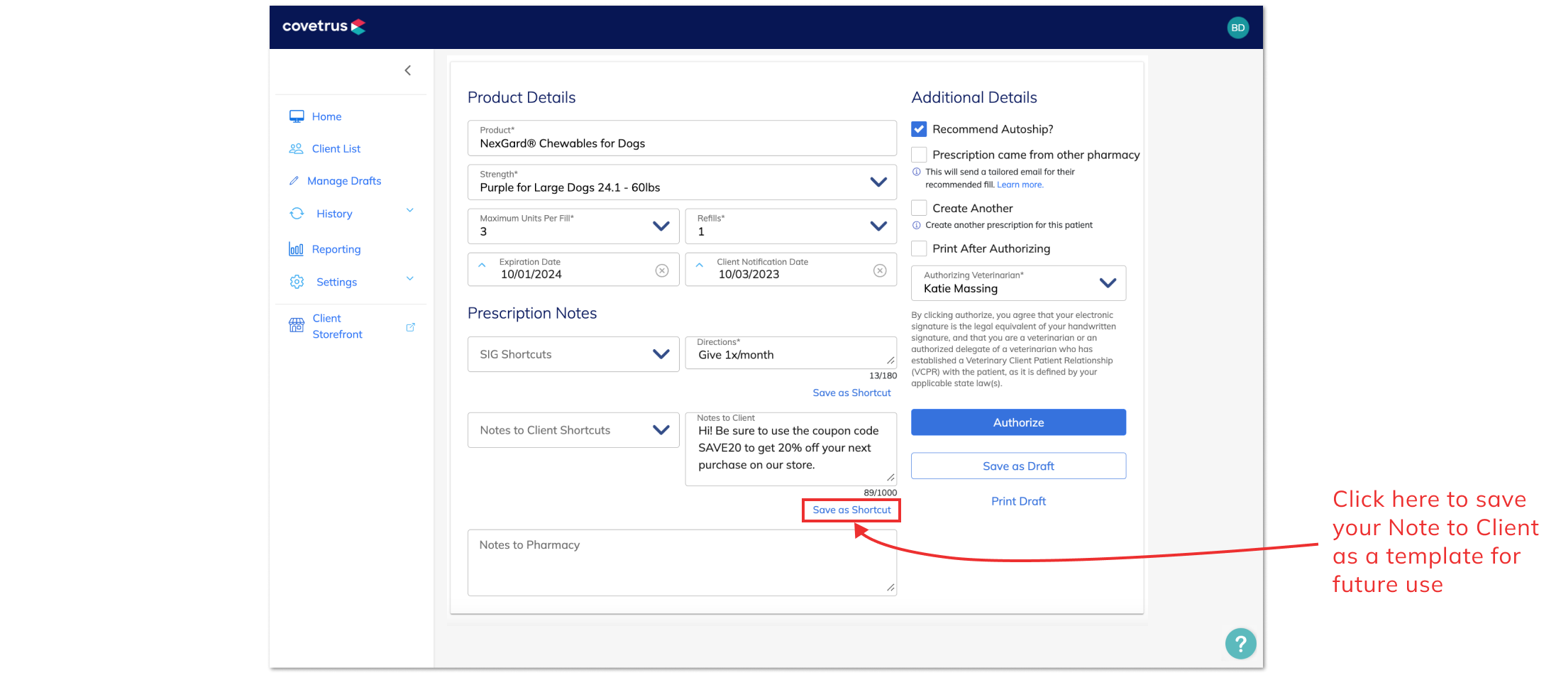 Using the Notes to Client Shortcut – Covetrus