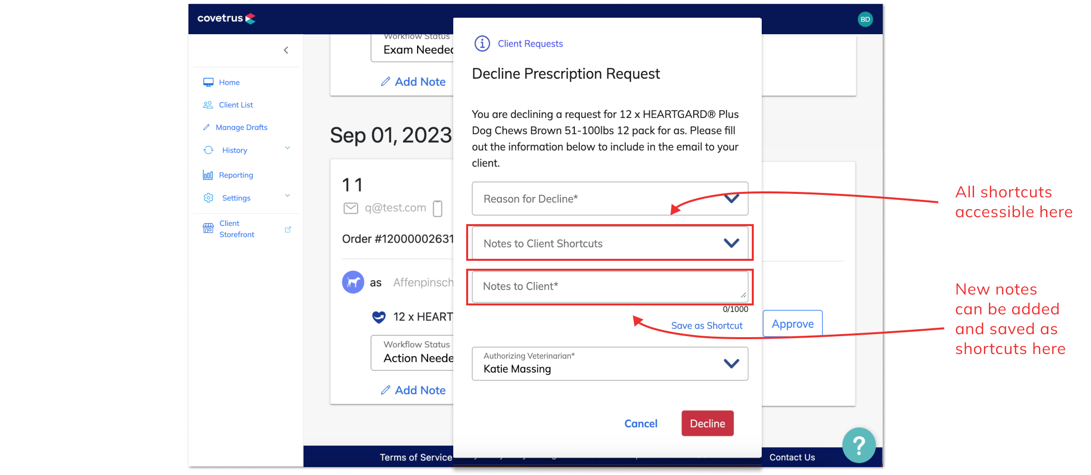 Using the Notes to Client Shortcut – Covetrus