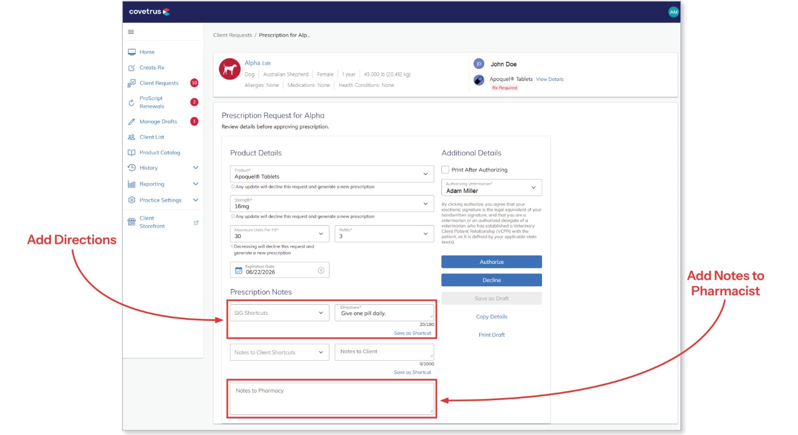 Approving a Client Request – Covetrus