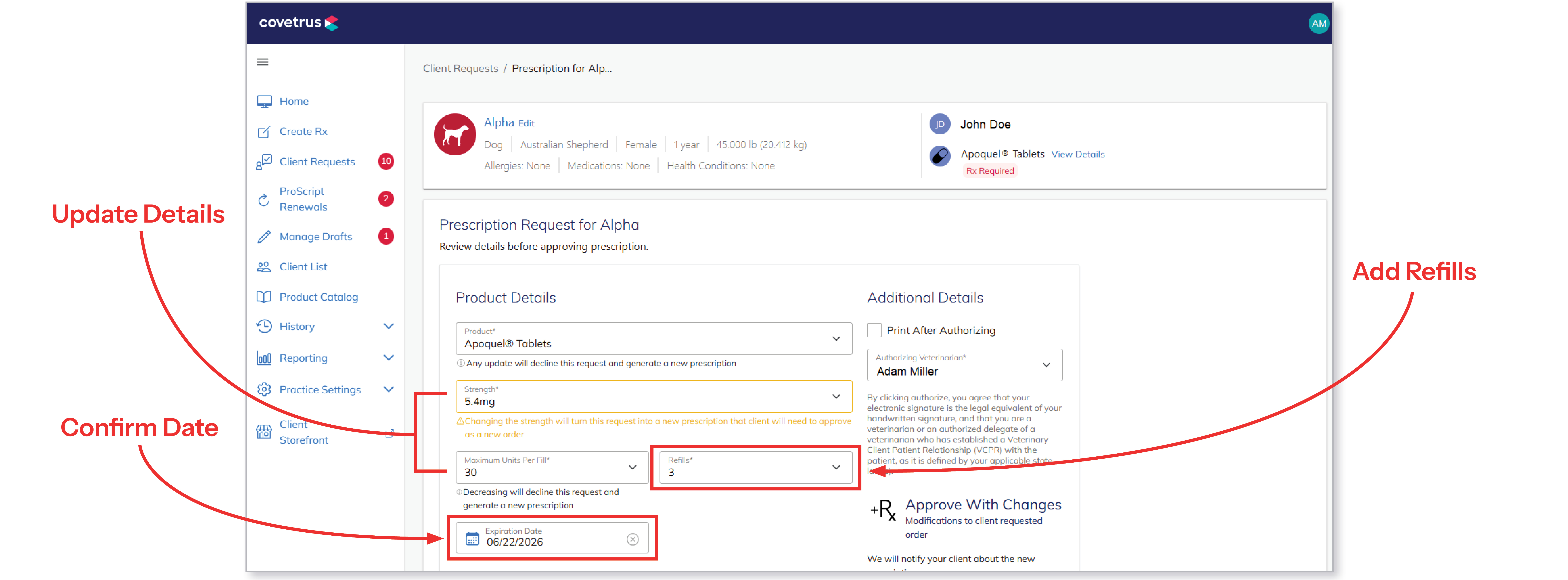 Approving a Client Request with Changes – Covetrus